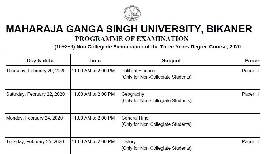 MGSU BA 1st 2nd 3rd Year Time Table 2023 Rajasthan Results